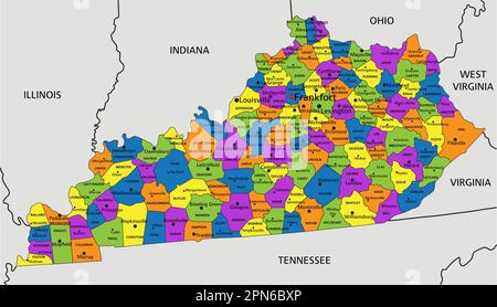 Colorful Kentucky political map with clearly labeled, separated layers ...