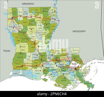 Louisiana - Highly detailed editable political map with labeling Stock ...