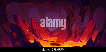 Hell background with lava in cave. Fantasy landscape with fiery magma ...