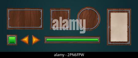 Vector cartoon square wooden button for game assets, ui development ...