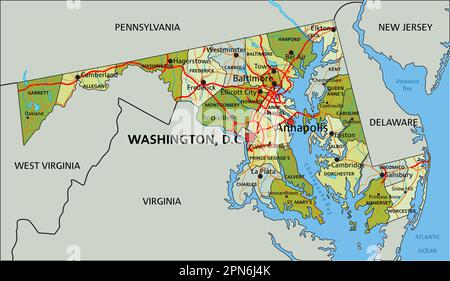 Maryland - Highly detailed editable political map with labeling Stock ...