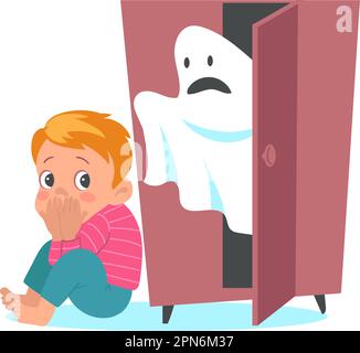 Kids fear. Frightened boy afraid of thunderstorm. Children phobia ...