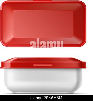 Empty Red Plastic Food Square Container with Round Label Stock Vector ...