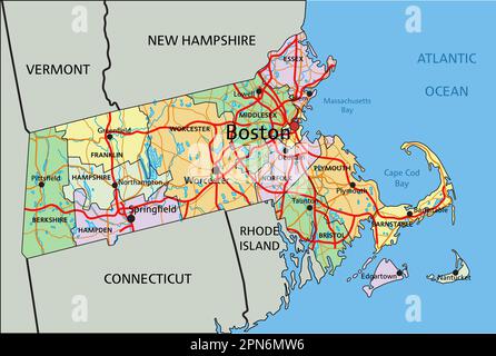 Massachusetts - Highly detailed editable political map with labeling ...