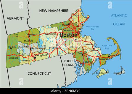 Massachusetts - Highly detailed editable political map with labeling ...
