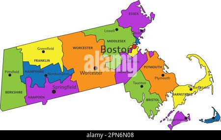 Colorful Massachusetts political map with clearly labeled, separated ...
