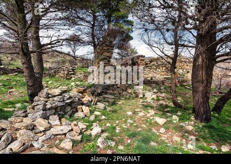 Frankish Church ruins hidden in Penteli mountain, Attica, Greece. The ...