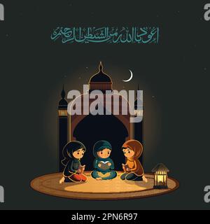 Arabic Islamic Calligraphy of Wish (Dua) Audhu Billahi Minashaitanir ...