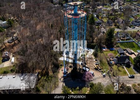 An aerial view of the deconstruction process of the old water tower in ...
