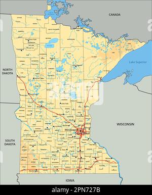 High detailed Minnesota physical map with labeling Stock Vector Image ...