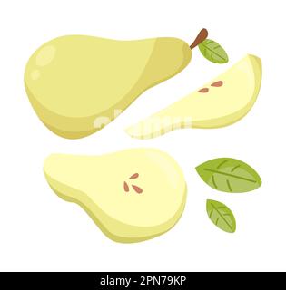 Cartoon pear eating set. Whole, bite missing and leftover core ...