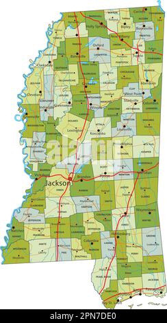 Mississippi - Highly detailed editable political map with labeling ...