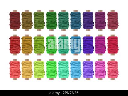 Sewing Set of different Threads Spools, Needles with Stitches and Thimble. Hand drawn Vector ...