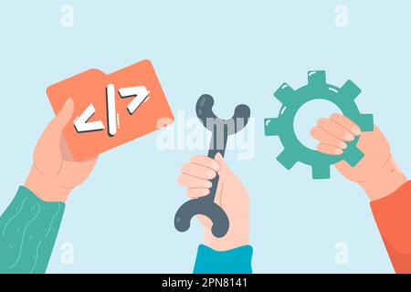 Greater than less than sign, wrench, gear in hands. Tools for ...