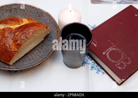 Protestant church. Bible, vine, and bread on altar. Communion. Geneva ...