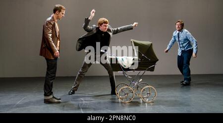 the baby stoning scene - l-r: Joel Gillman (Mike), Calum Callaghan ...