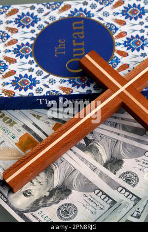Money, religion and interfaith. Banknotes of US dollars with religious ...
