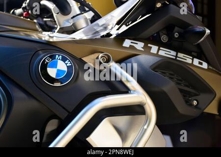 BMW R 1250 GS motorcycle closeup view with blue and white circular logo ...