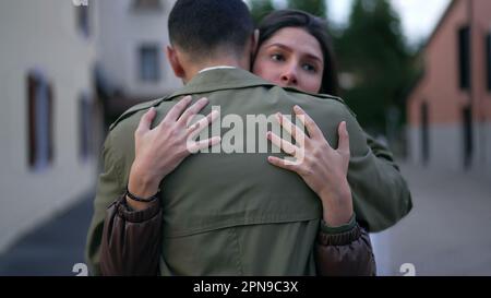 Couple embrace in empathy calming partner during difficult times. A ...