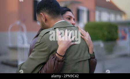 Couple embrace in empathy calming partner during difficult times. A ...
