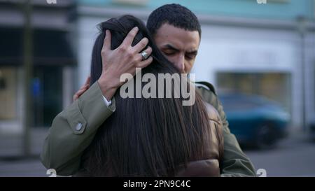 Couple embrace in empathy calming partner during difficult times. A ...