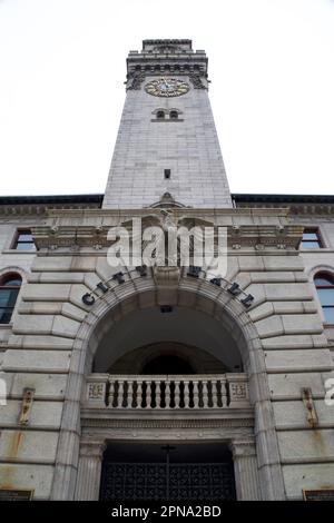 Closeup of Worcester City Hall with entrance and tower. In Worcester ...