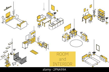 Finding a room for rent: various rooms, simple isometric illustration ...