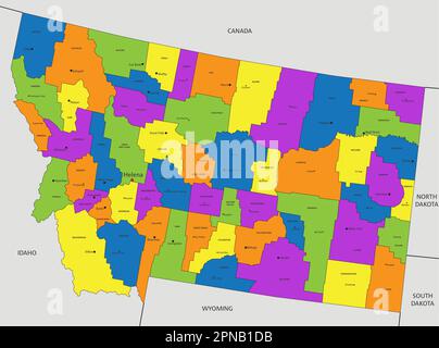Colorful Montana political map with clearly labeled, separated layers ...