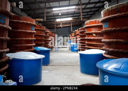 Warehouse with big red wooden barrels for fish sauce, fish sauce ...