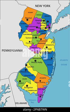 Colorful New Jersey political map with clearly labeled, separated ...