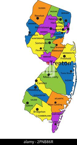 Colorful New Jersey political map with clearly labeled, separated ...