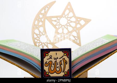 Allah Calligraphy and Crescent and Star, symbols of Islamic faith ...