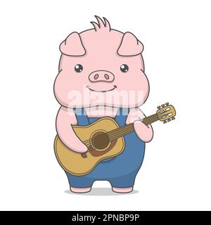 Cute Pig Playing Guitar Cartoon Character, Kawaii Animal Music Mascot ...