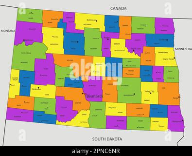 Colorful North Dakota political map with clearly labeled, separated ...