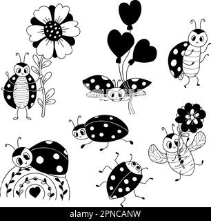 Collection of ladybugs. Cute little ladybird with flower and on rainbow ...