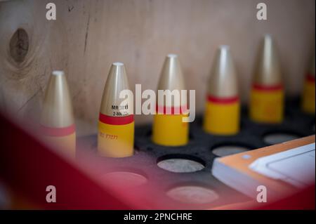 This photograph shows inside the Nexter Arrowtech factory, near Bourges ...