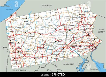 High detailed Pennsylvania road map with labeling Stock Vector Image ...