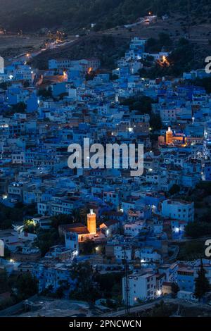 Chefchaouen, Morocco 2022: panoramic night view of the touristic blue ...