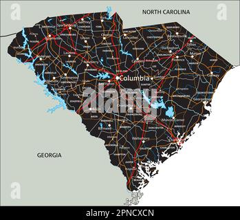 High detailed South Carolina road map with labeling Stock Vector Image ...