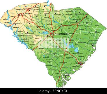 High detailed South Carolina physical map with labeling Stock Vector ...