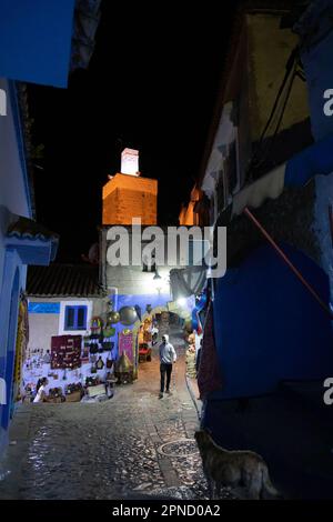 Chefchaouen, Morocco 2022: night view of the blue city with narrow and ...