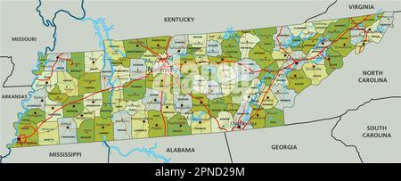 Tennessee - Highly detailed editable political map with labeling Stock ...