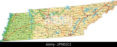High detailed Tennessee physical map with labeling Stock Vector Image ...