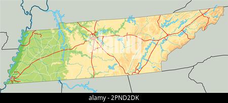 High detailed Tennessee physical map with labeling Stock Vector Image ...