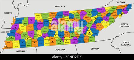 Colorful Tennessee political map with clearly labeled, separated layers ...