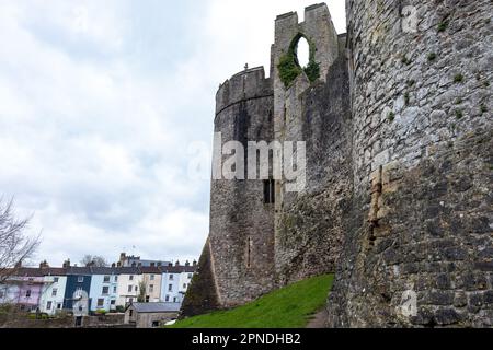 Chepstow, UK. 14th April, 2023. Marten's Tower (l) and the main ...