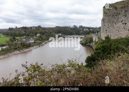 Chepstow, UK. 14th April, 2023. The Great Hall (l), Main Gatehouse (c ...