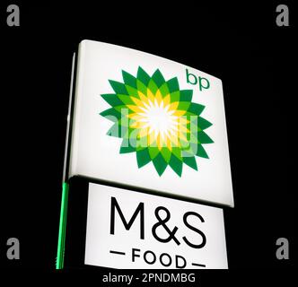 BP petrol station illuminated at night Stock Photo - Alamy