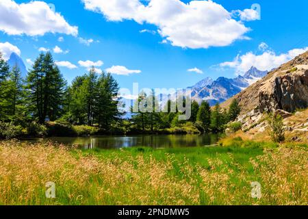 View of Grindji Lake (Grindjisee) and Swiss Alps at summer on Five-lake ...