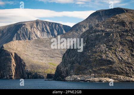 Mountains line the shore of Saglek Fjord in northern Labrador, Canada ...